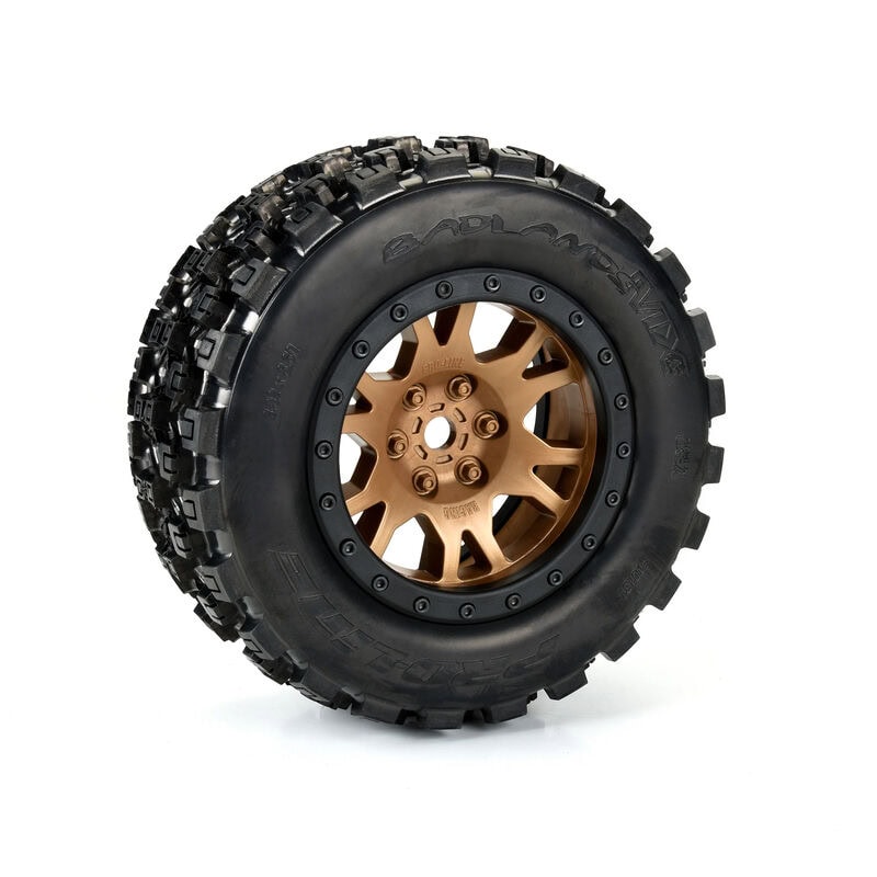 Pro-Line Badlands MX43 Tires with Satin Bronze/Silver Wheels | RC Newb